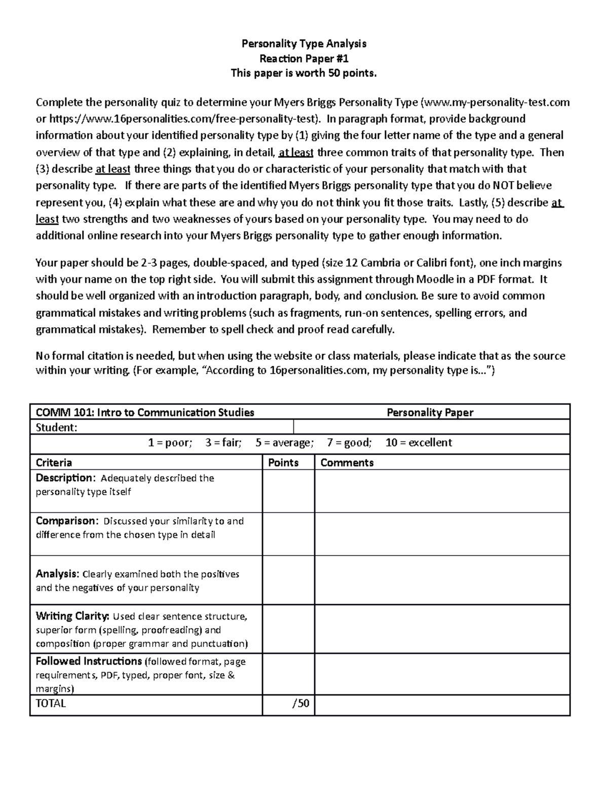 Comm 101 Chapter 2 Activity - Myers Briggs Paper - Personality Type ...