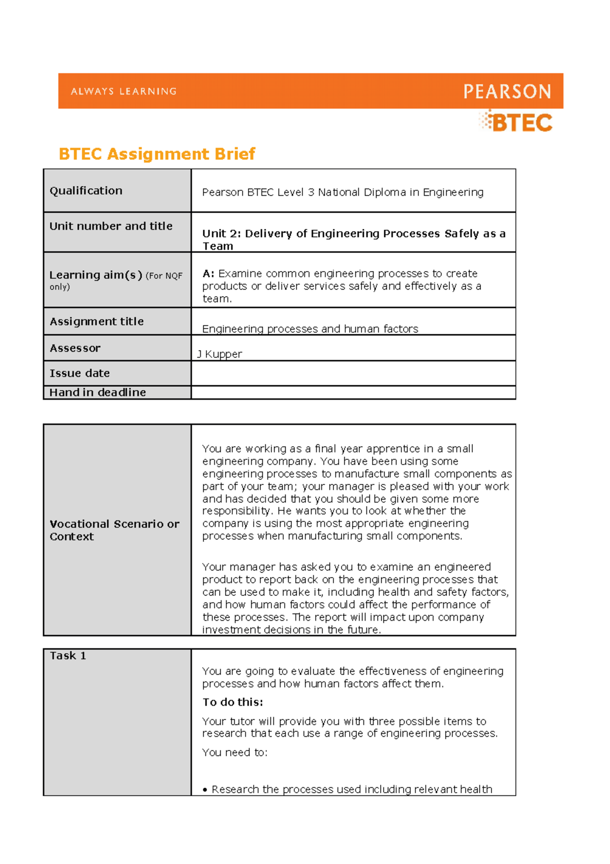 Learning Aim A- Unit 2 Delivery Safety Team 2021 - BTEC Assignment Brief Qualification Pearson ...