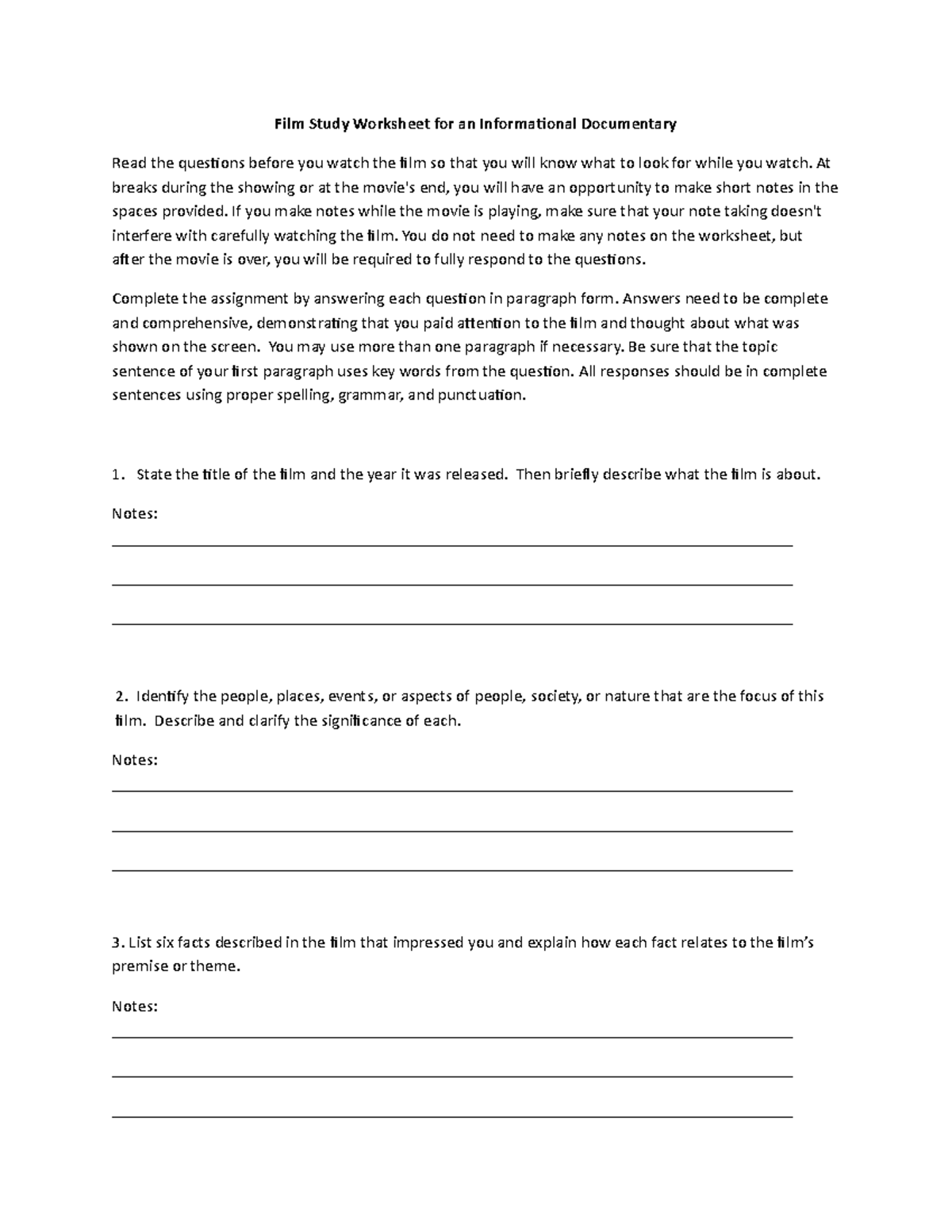 Film Study Worksheet for an Informational Documentary - At breaks ...