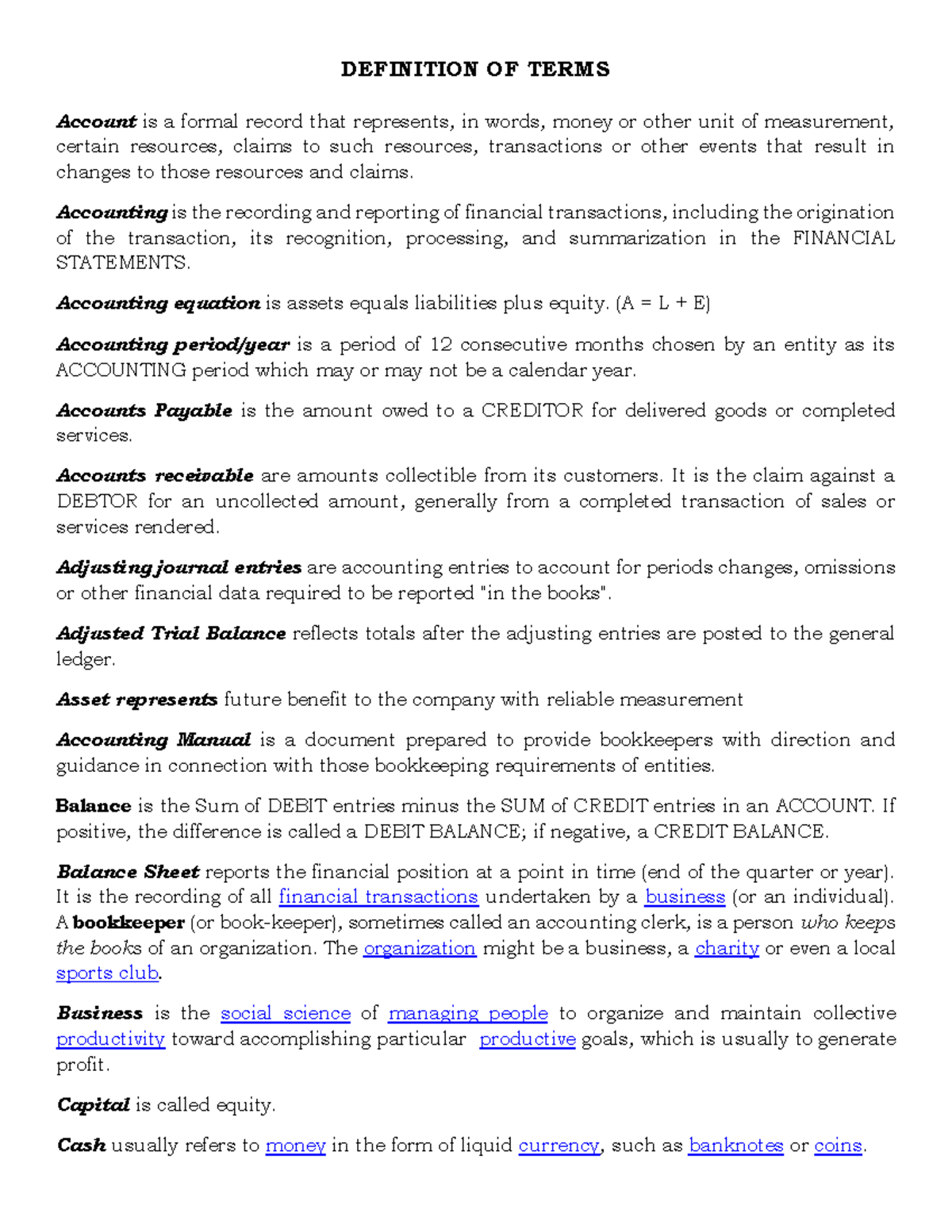 BKP Definition of Terms - DEFINITION OF TERMS Account is a formal ...