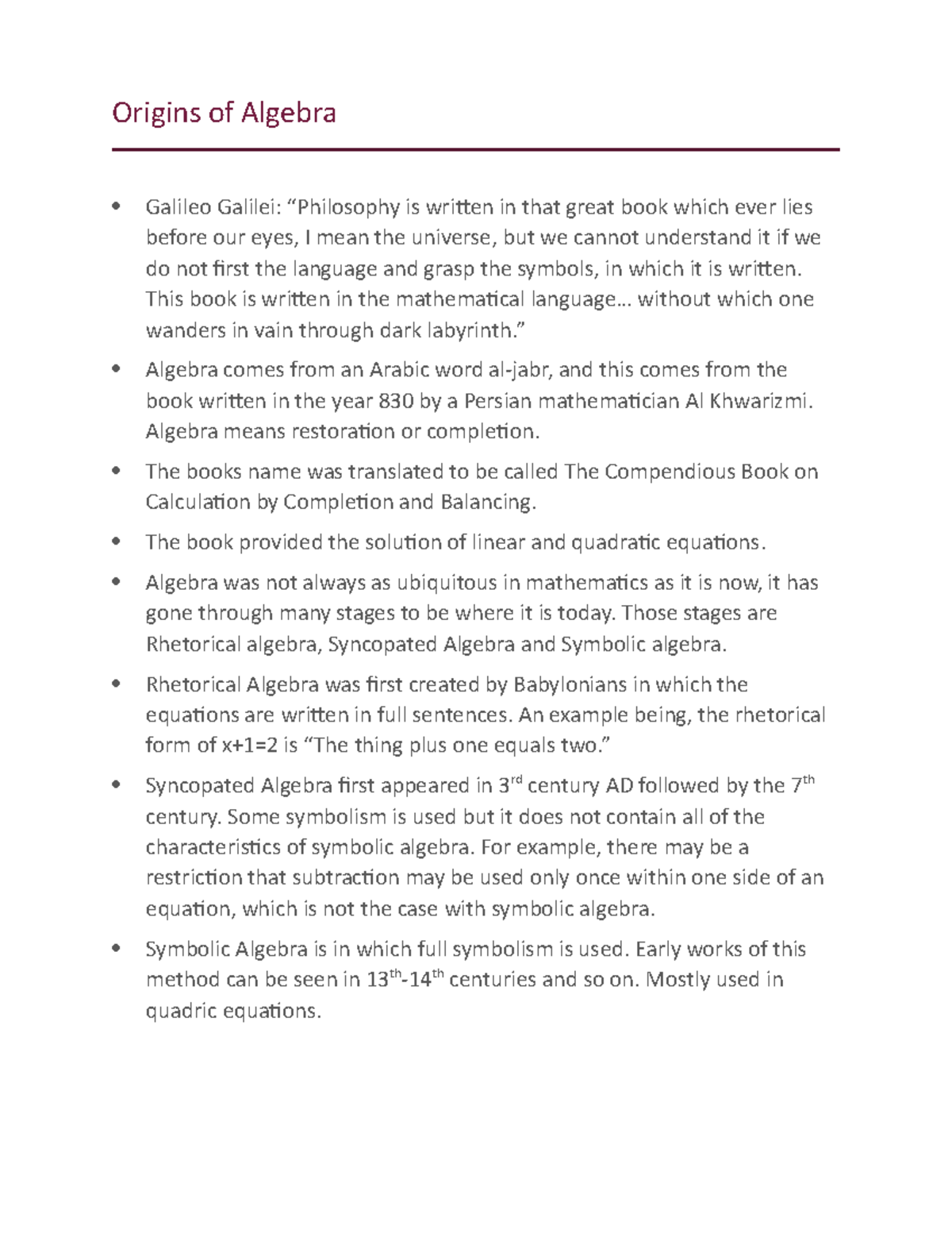 Origins of Algebra - Lecture notes 1 - Origins of Algebra Galileo ...