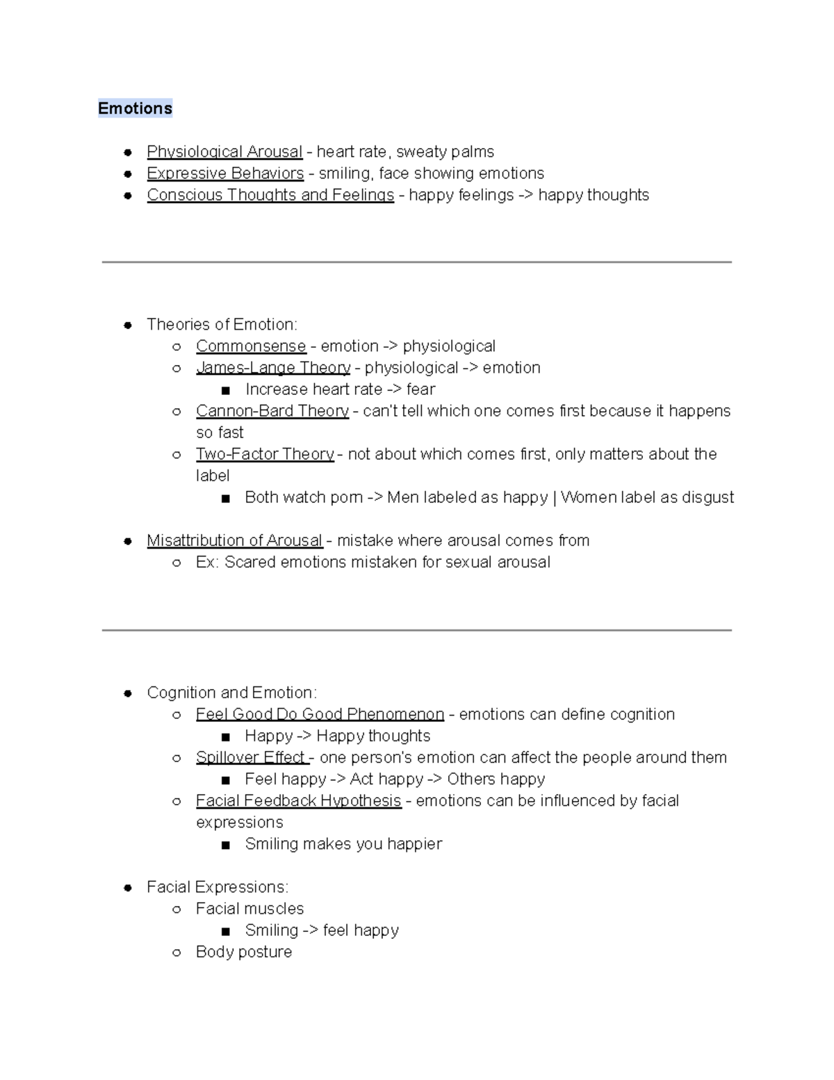 Emotions - Typed out notes for psychology. - Emotions Physiological ...