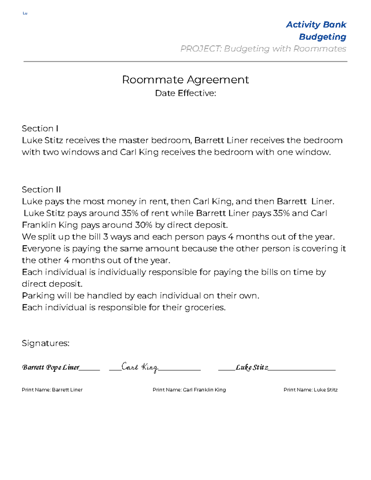 Copy of Student Project Budgeting with Roommates ( Agreement) - Lu ...