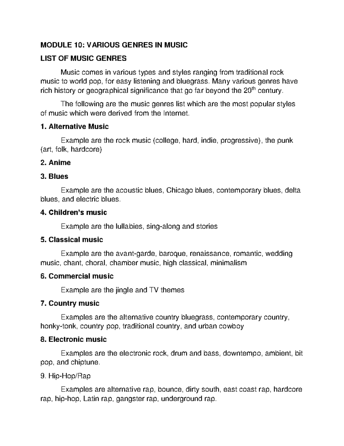 Module-10-2 - MODULE 10: VARIOUS GENRES IN MUSIC LIST OF MUSIC GENRES ...