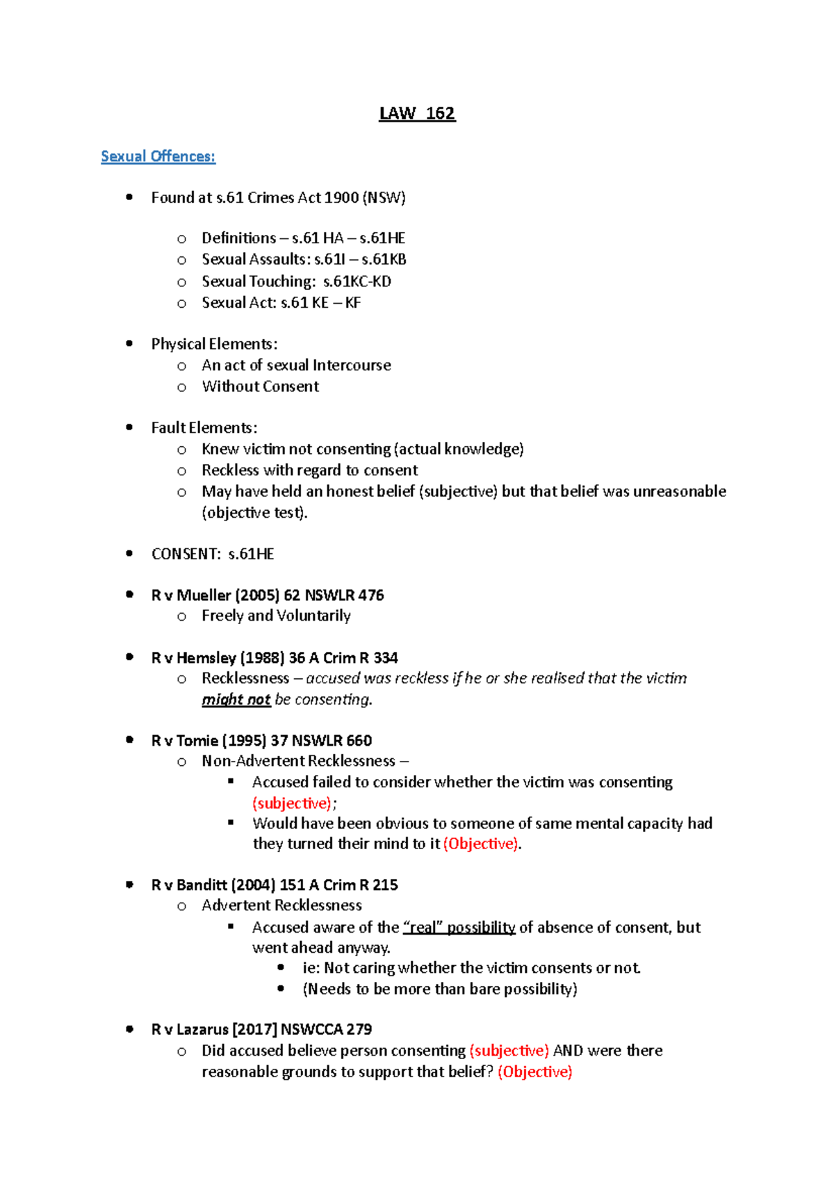 LAW 162 Exam Notes - LAW 162 Sexual Offences: Found at s Crimes Act ...