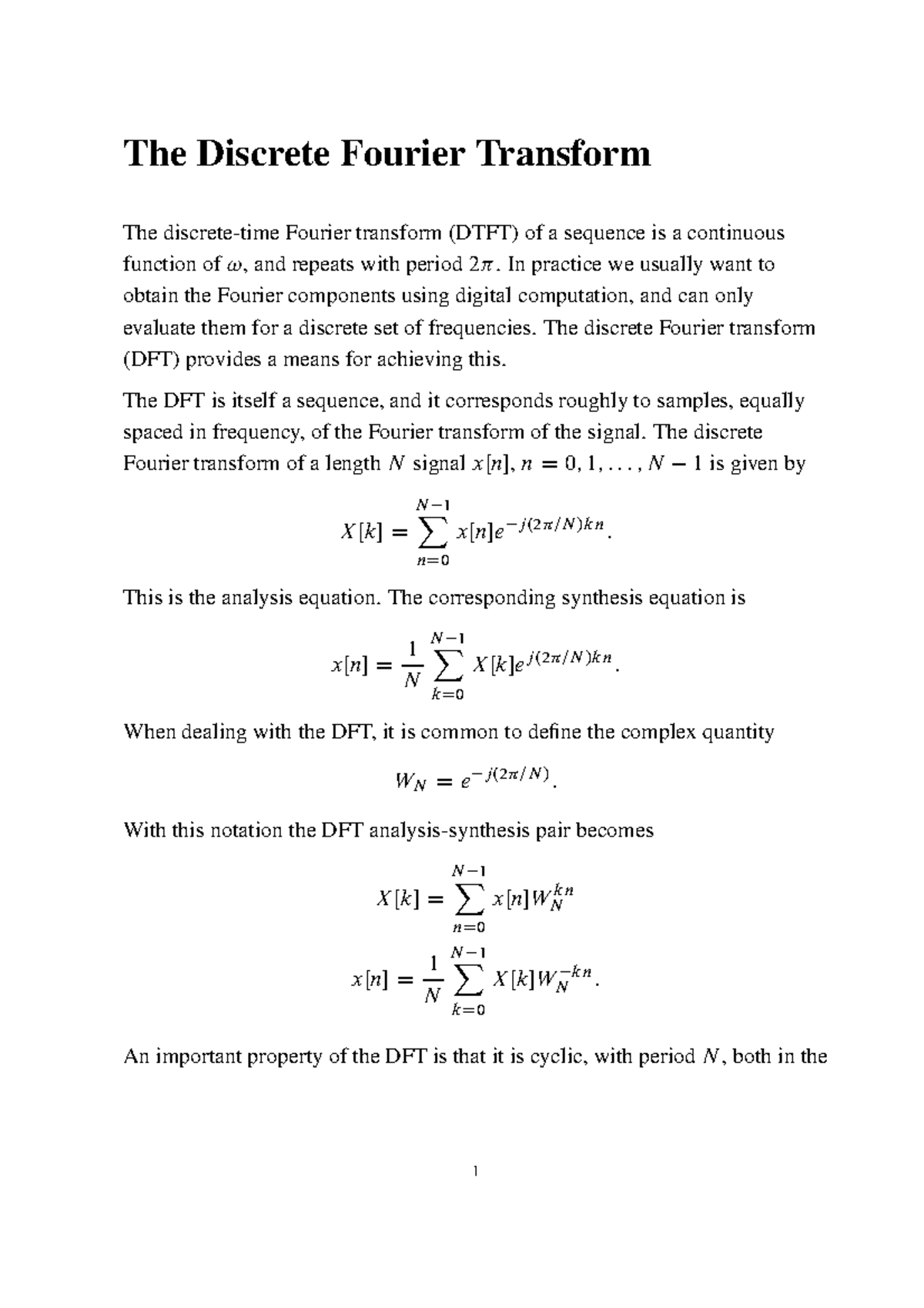 05 dft - Notes - The Discrete Fourier Transform The discrete-time ...