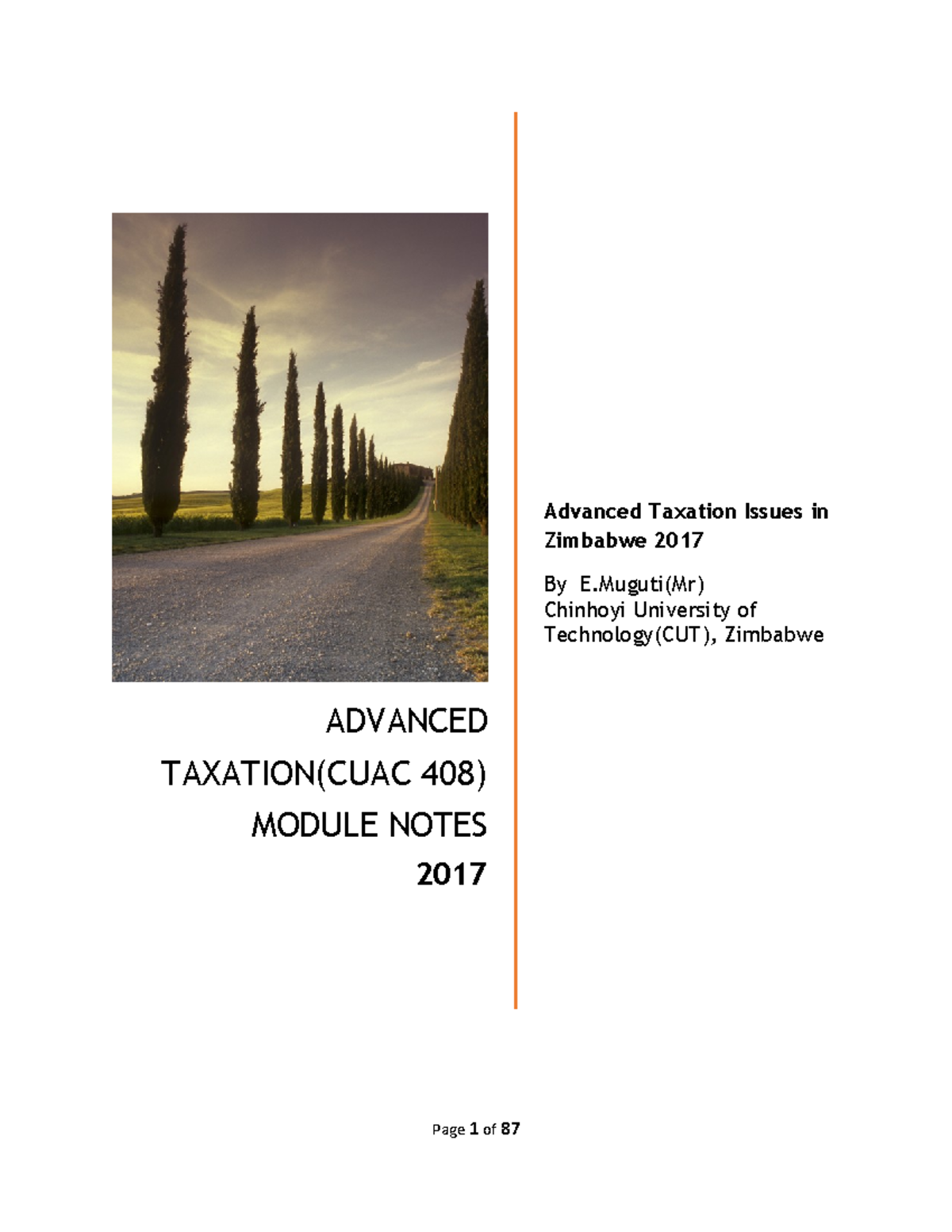 Taxataion module - Lecture notes 1-10 - ADVANCED TAXATION(CUAC 408 ...