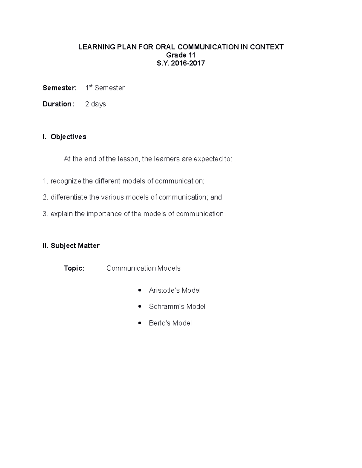 Models of Communication - LEARNING PLAN FOR ORAL COMMUNICATION IN ...