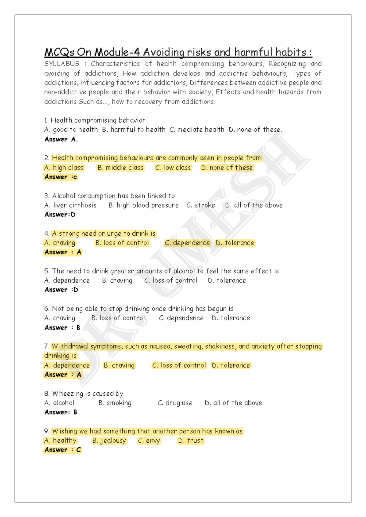MCQs On Module 4 Avoiding risks and harmful habits Final Students ...