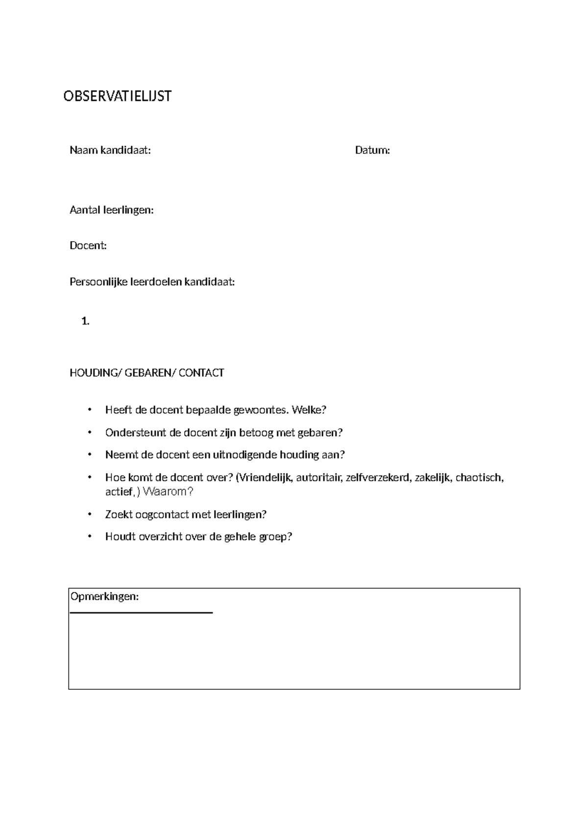 Observatielijst - OBSERVATIELIJST Naam kandidaat: Datum: Aantal ...