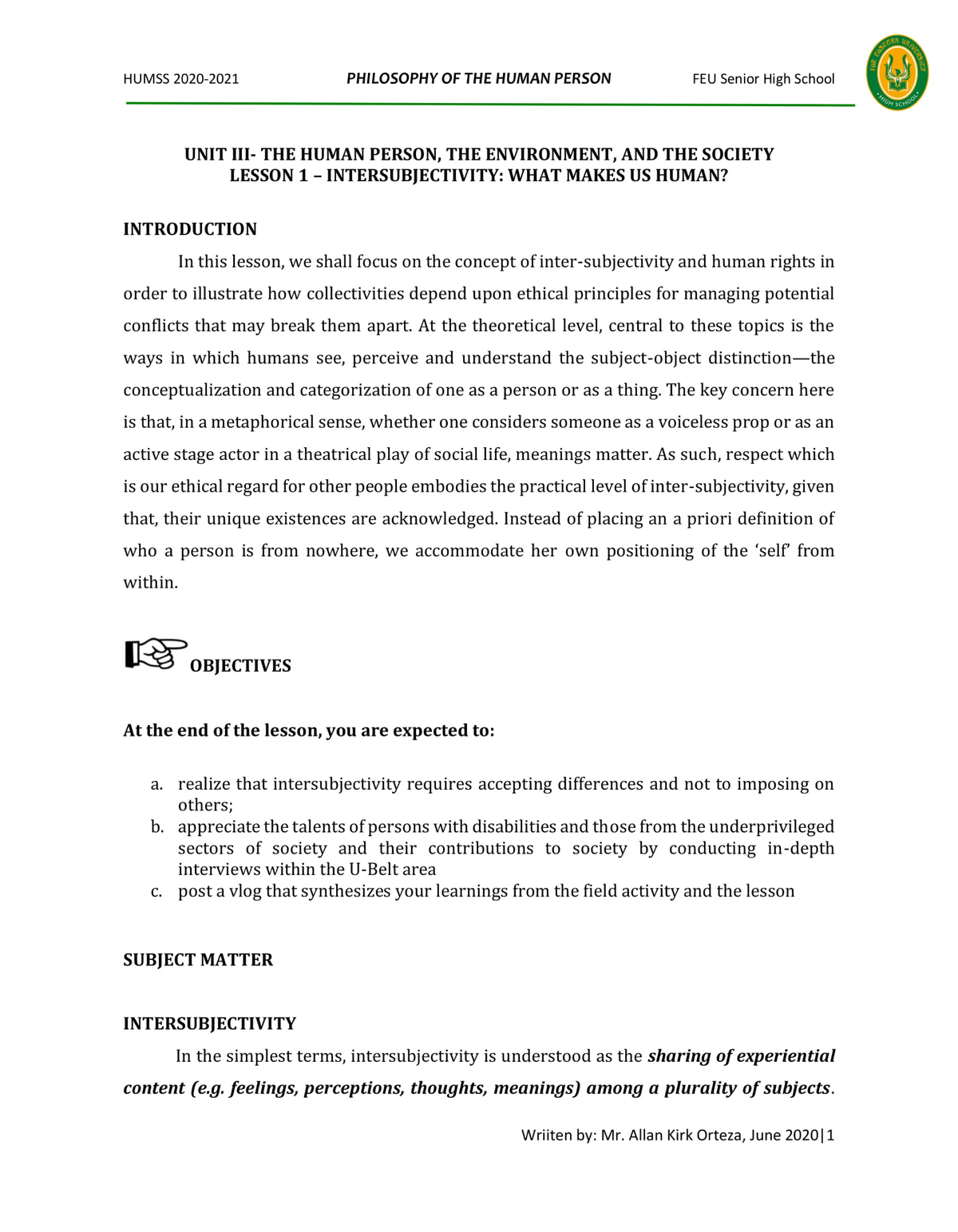 Unit 3 Lesson 1-01 - Module - Philosophy Of Man - Studocu