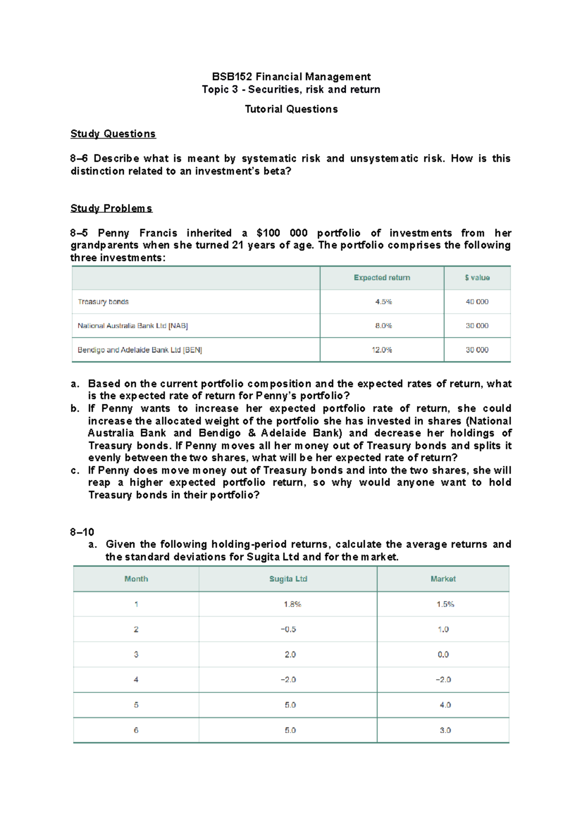 Tutorial 3 Questions - BSB152 Financial Management Topic 3 - Securities ...