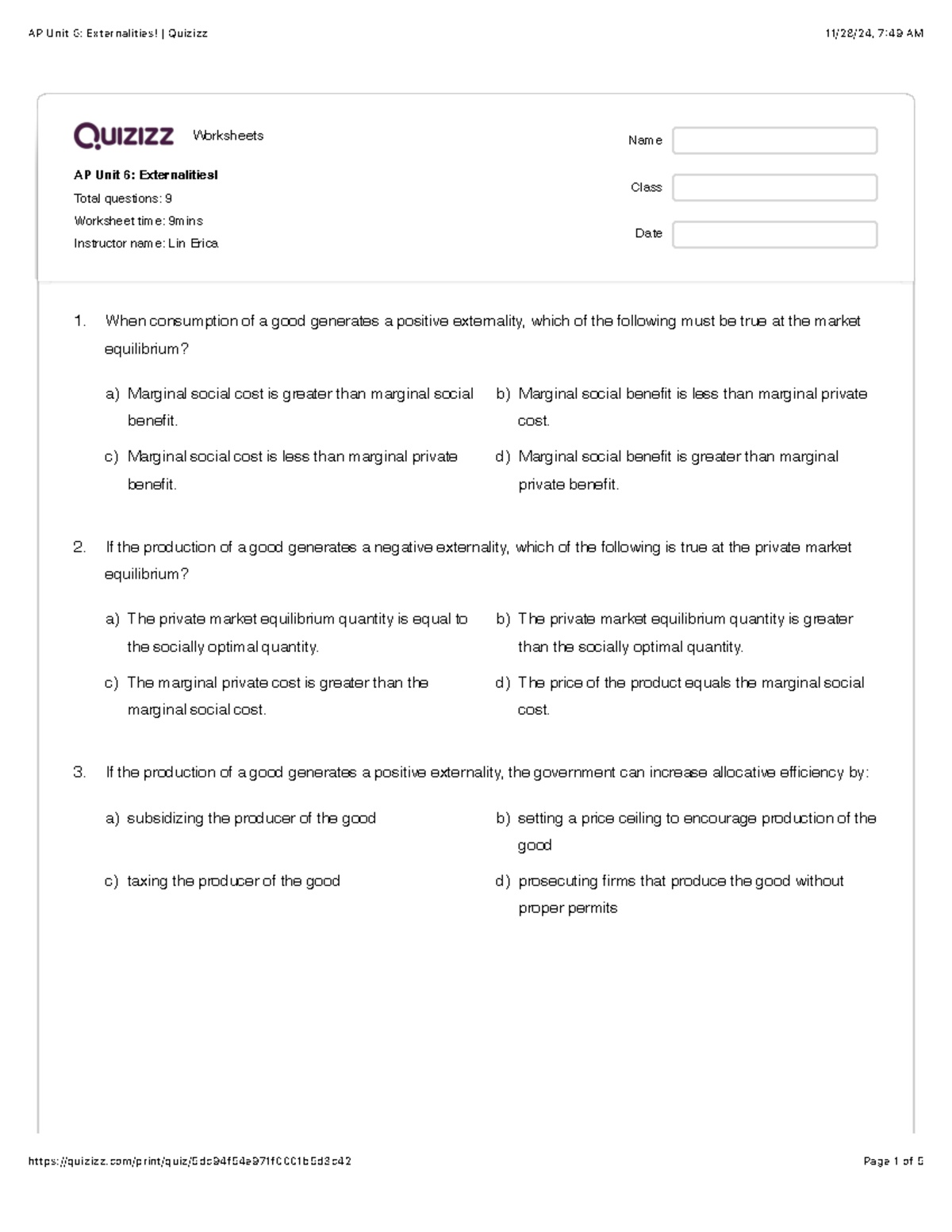 AP Unit 6: Externalities Quizizz - Worksheets AP Unit 6: Externalities ...