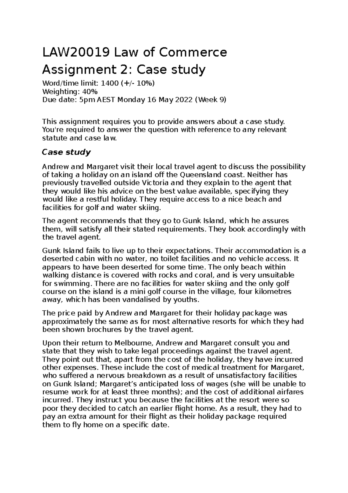 Outline of assignment 2 - Case Study - LAW20019 Law of Commerce ...