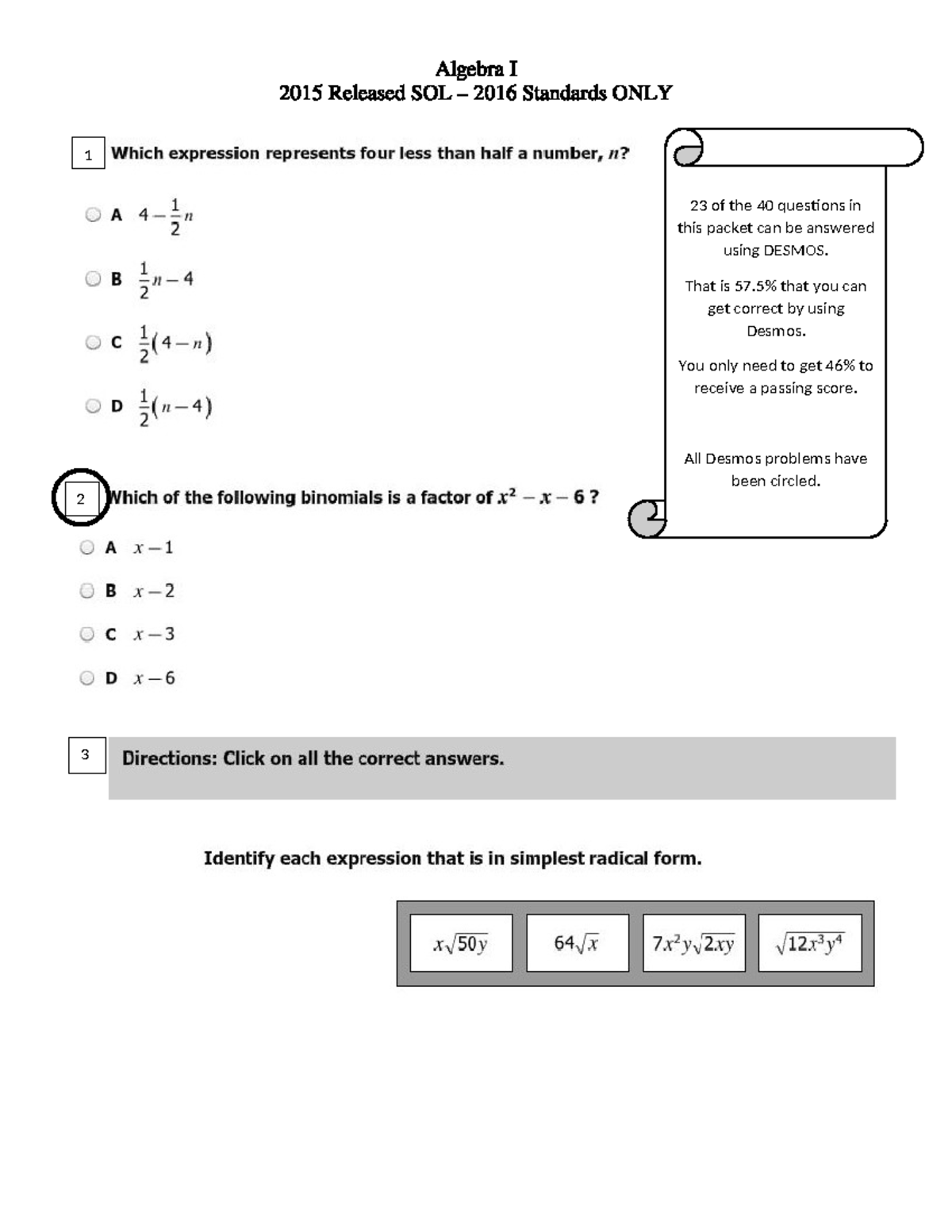2015 Algebra I - 2016 Standards ONLY - Algebra I 2015 Released SOL ...