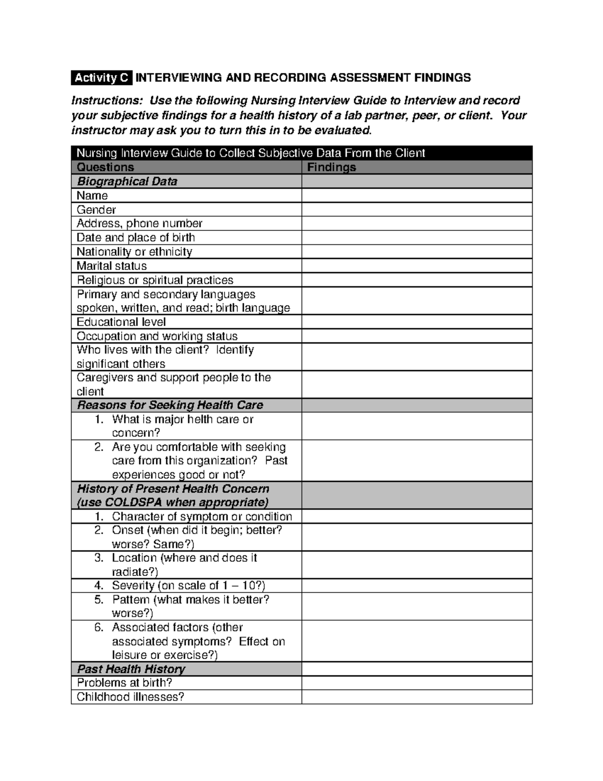Nursing Interview Guide - Your instructor may ask you to turn this in ...