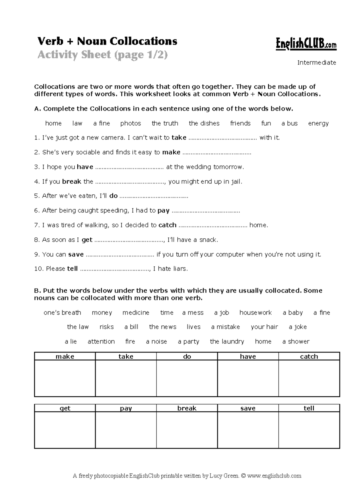 Collocations verb noun activity - A freely photocopiable EnglishClub ...
