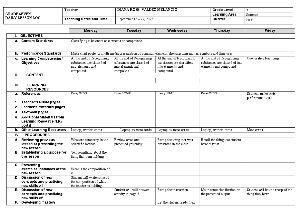 Dll in science spet 18 -22 - GRADE SEVEN DAILY LESSON LOG Teacher DIANA ...
