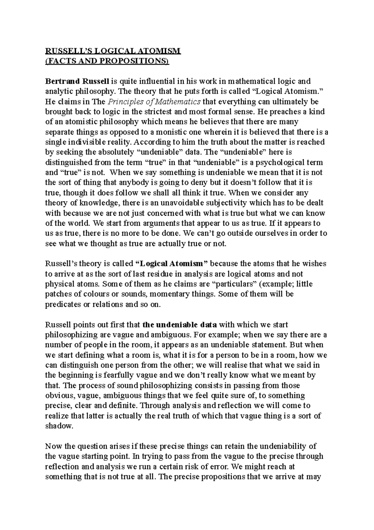 Logical Atomism Russell RUSSELL S LOGICAL ATOMISM FACTS AND logical-atomism-russell-russell-s-logical-atomism-facts-and