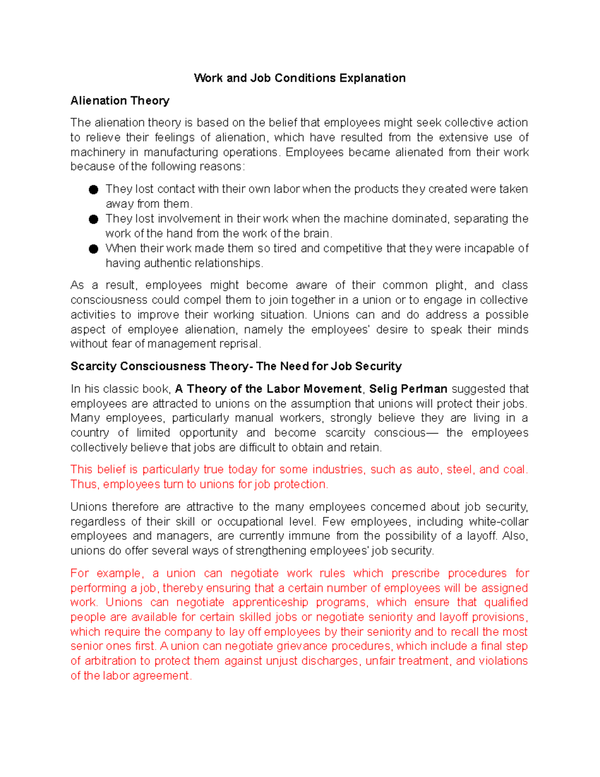 Work and Job Conditions Explanation - Work and Job Conditions ...