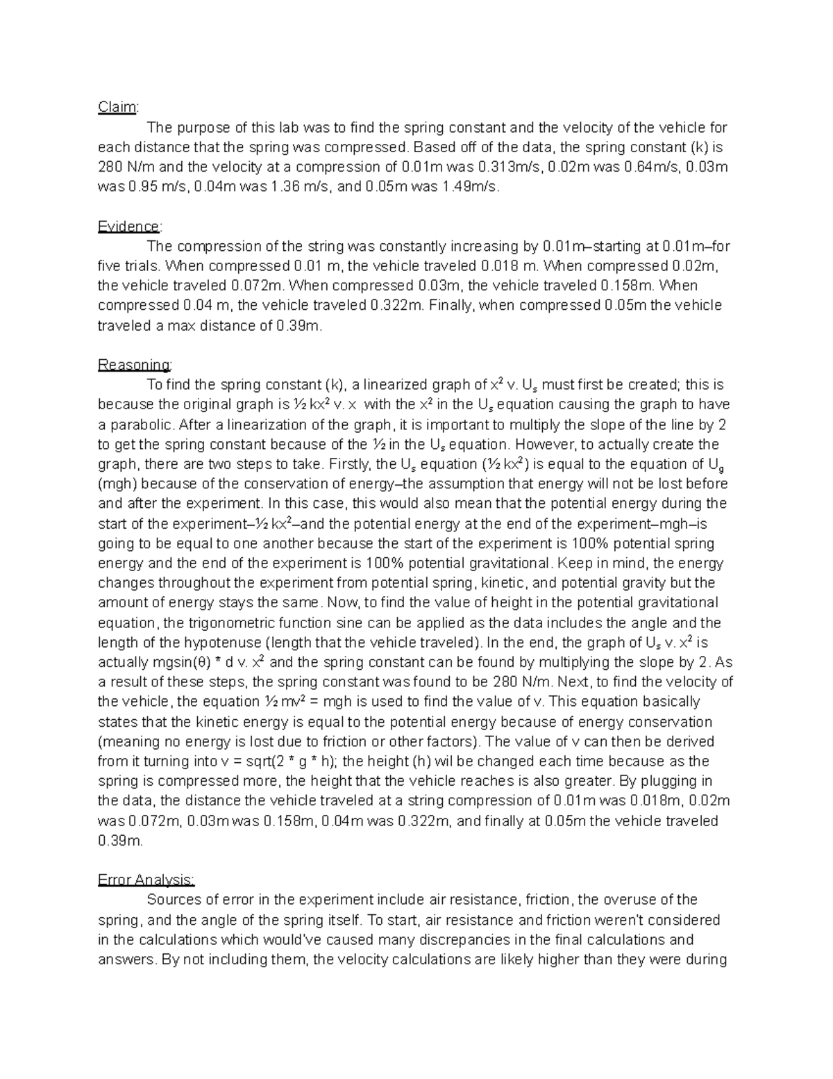 Physics Lab #3 CER - Energy Transformations - Claim: The purpose of ...