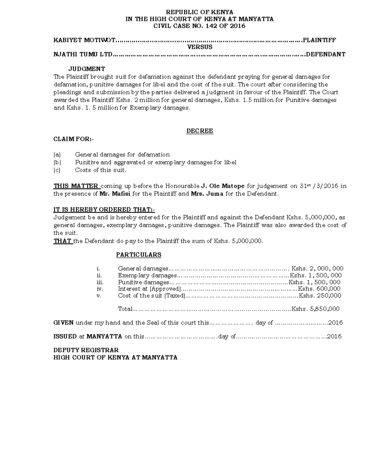 Decree- Sample - REPUBLIC OF KENYA IN THE HIGH COURT OF KENYA AT ...