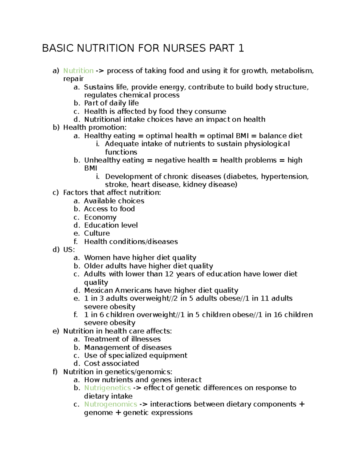 Basic nutrition for nurses Notes - NURS 251 - SLU - Studocu