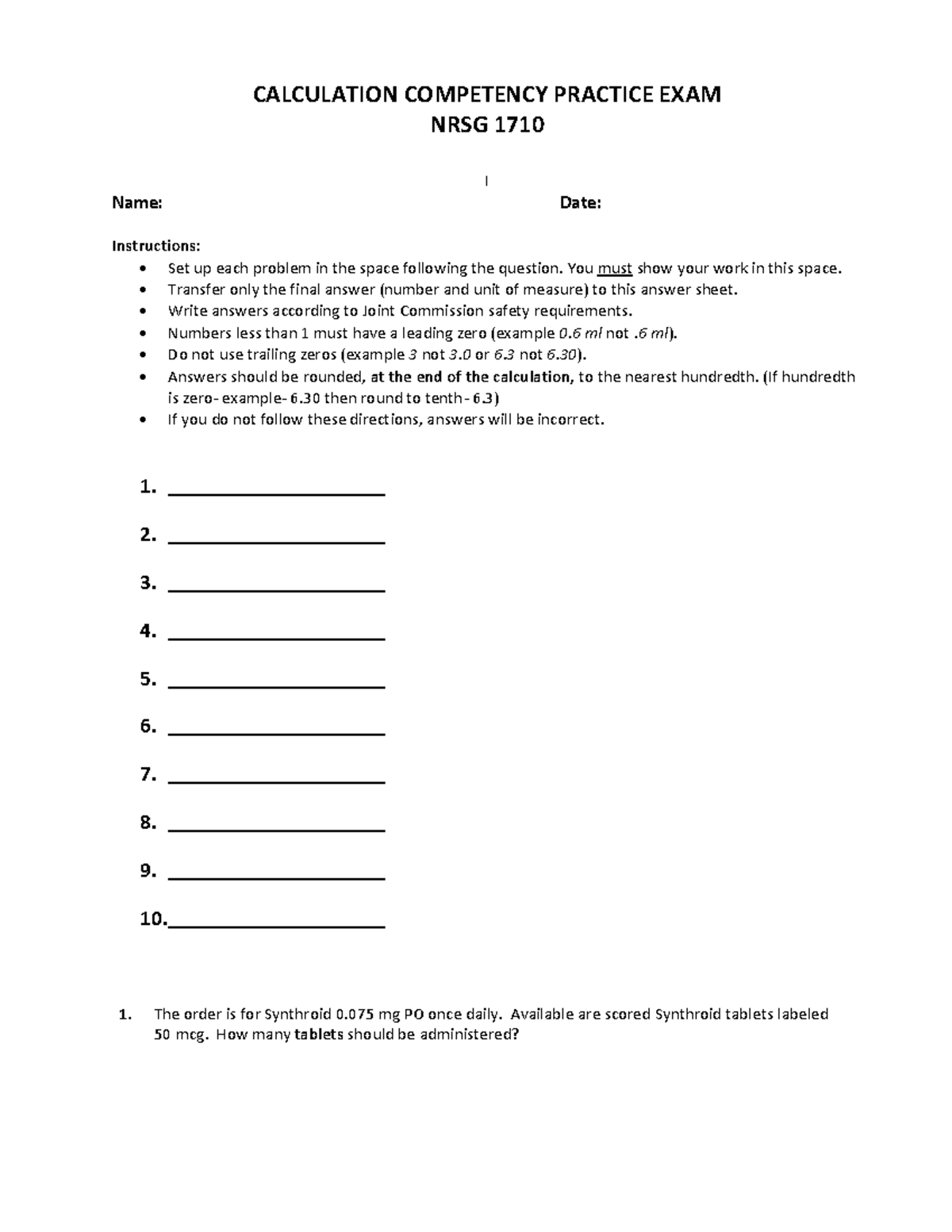 1710 Math practice exam - CALCULATION COMPETENCY PRACTICE EXAM NRSG ...
