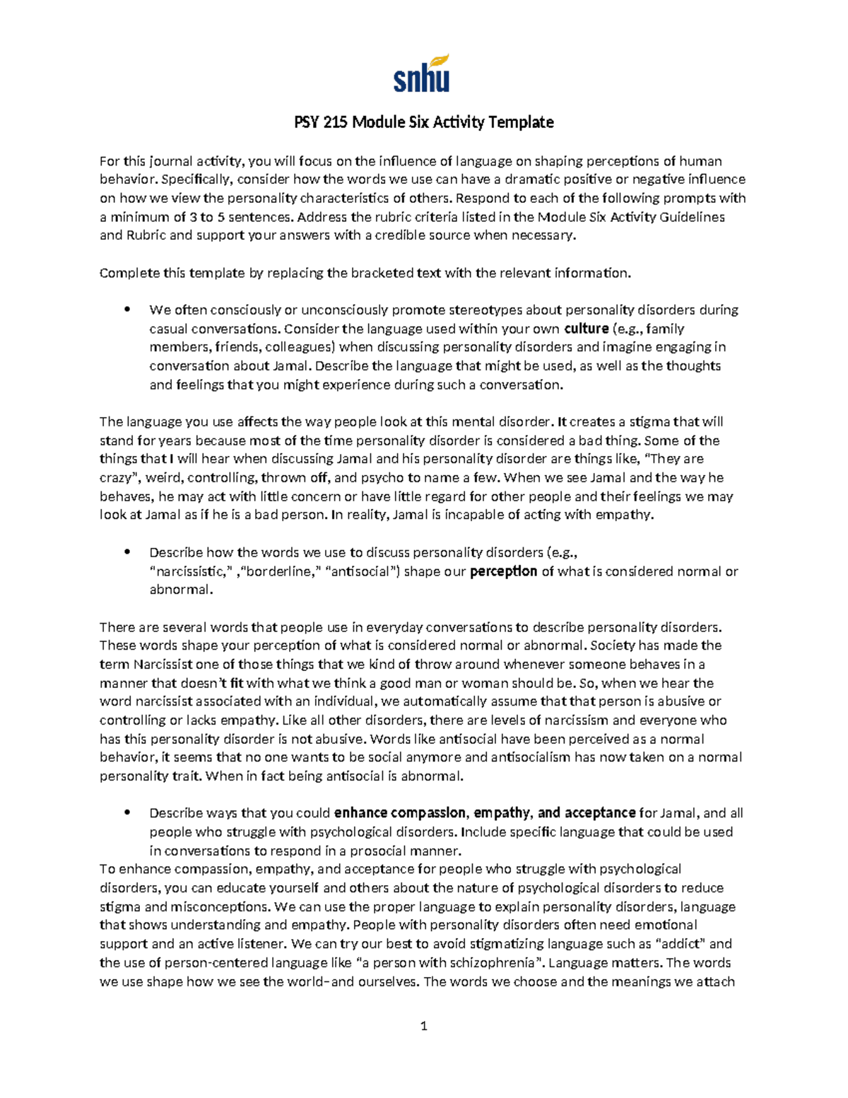 PSY 215 Module Six Activity Template - PSY 215 Module Six Activity ...