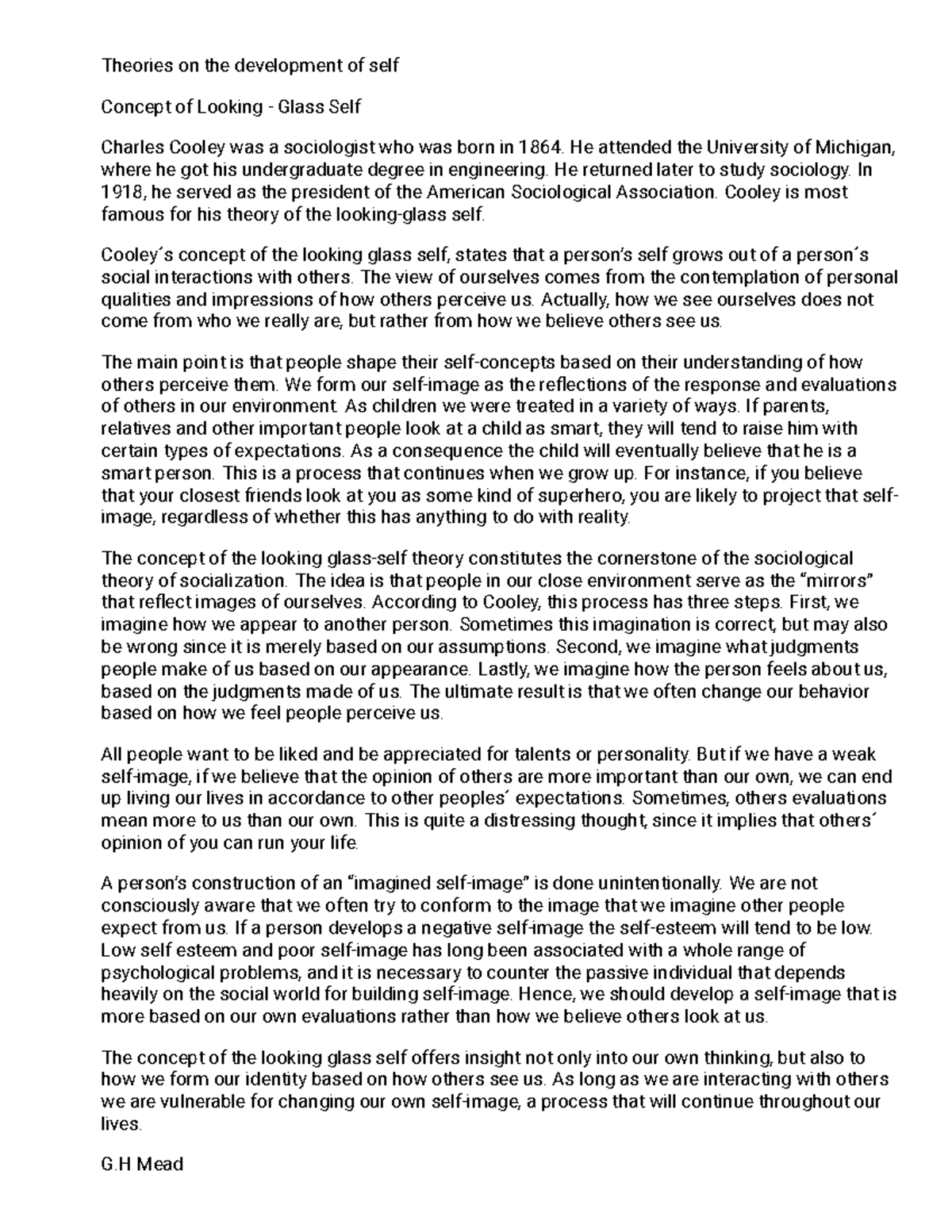 Cooley and Mead - Theories on the development of self Concept of ...