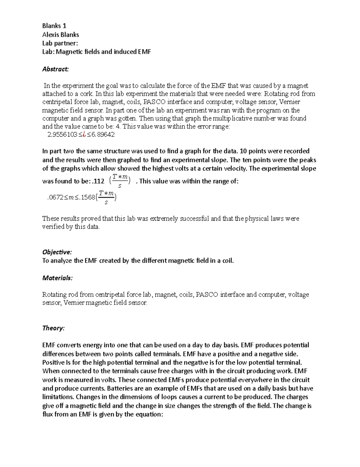 Physics Lab Magnetic fields and EMF - Blanks 1 Alexis Blanks Lab ...