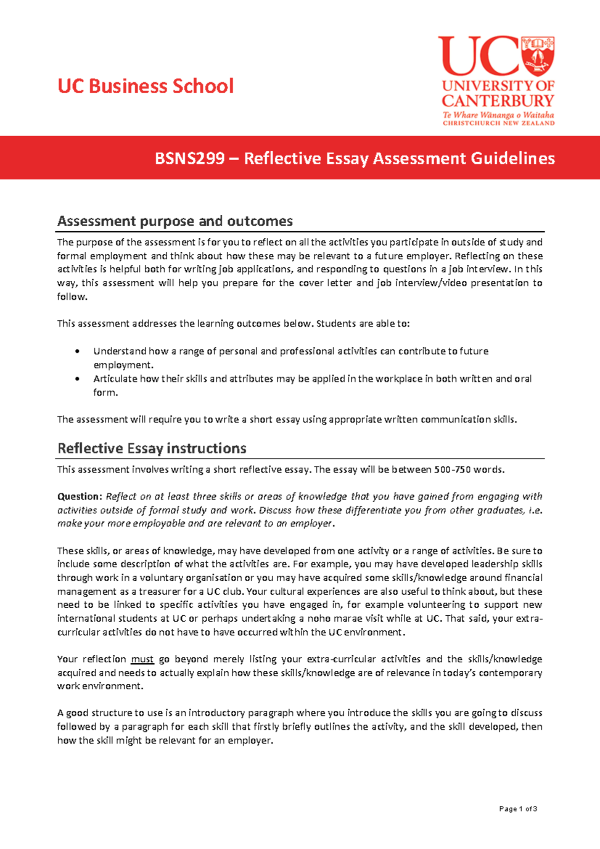 BSNS299 Reflective Essay assessment guidelines 24S2 - Page 1 of 3 UC ...