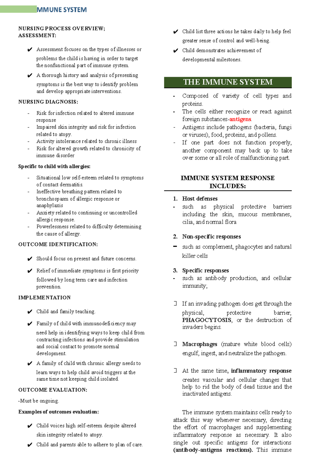 THE Immune System THE Final - NURSING PROCESS OVERVIEW; ASSESSMENT ...