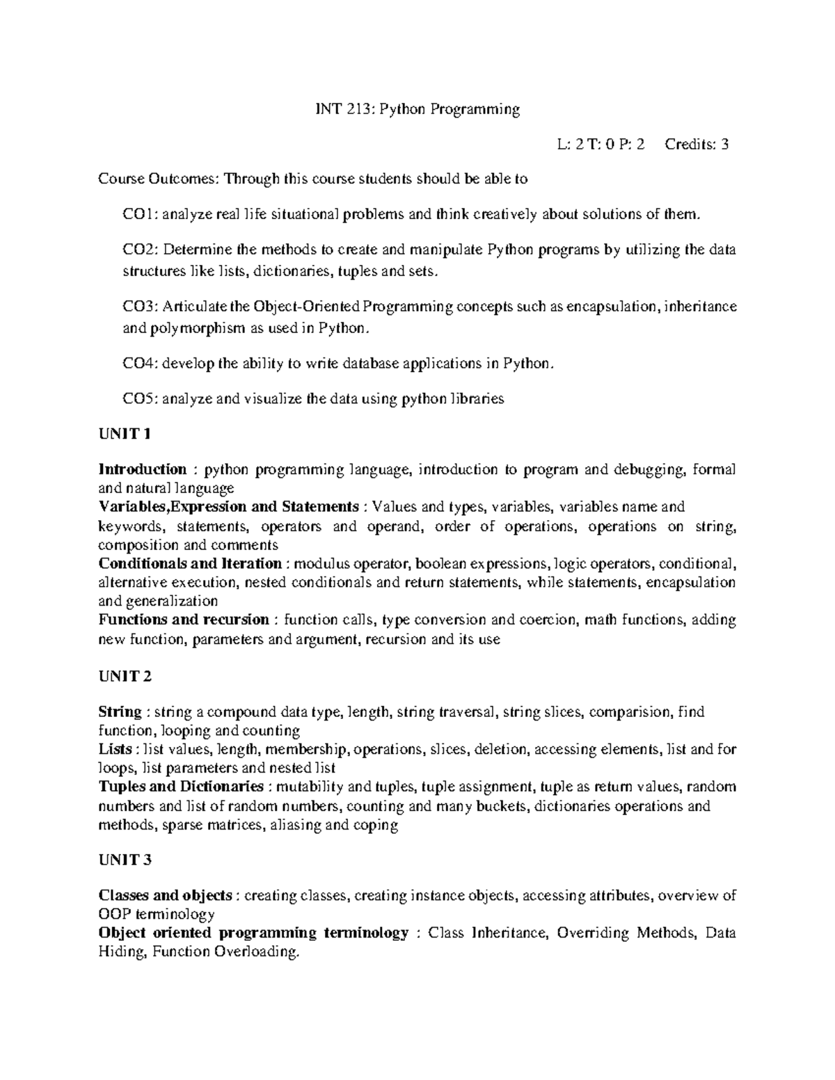 Int213 Complete Syllabus Int 213 Python Programming L 2 T 0 P 2