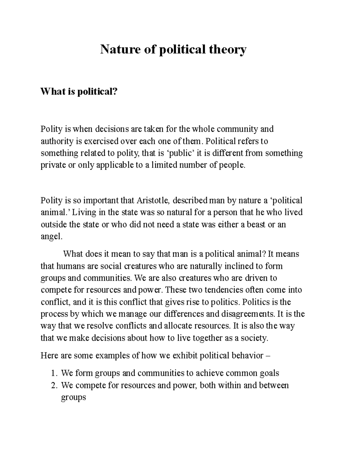 Pol sci - 1st semester Political Science Notes - Nature of political ...