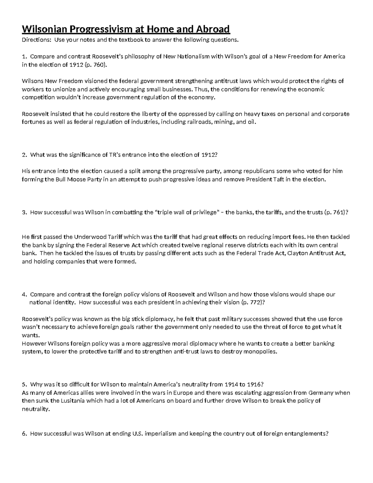 Wilsonian Progressivism - 1. Compare and contrast Roosevelt’s ...