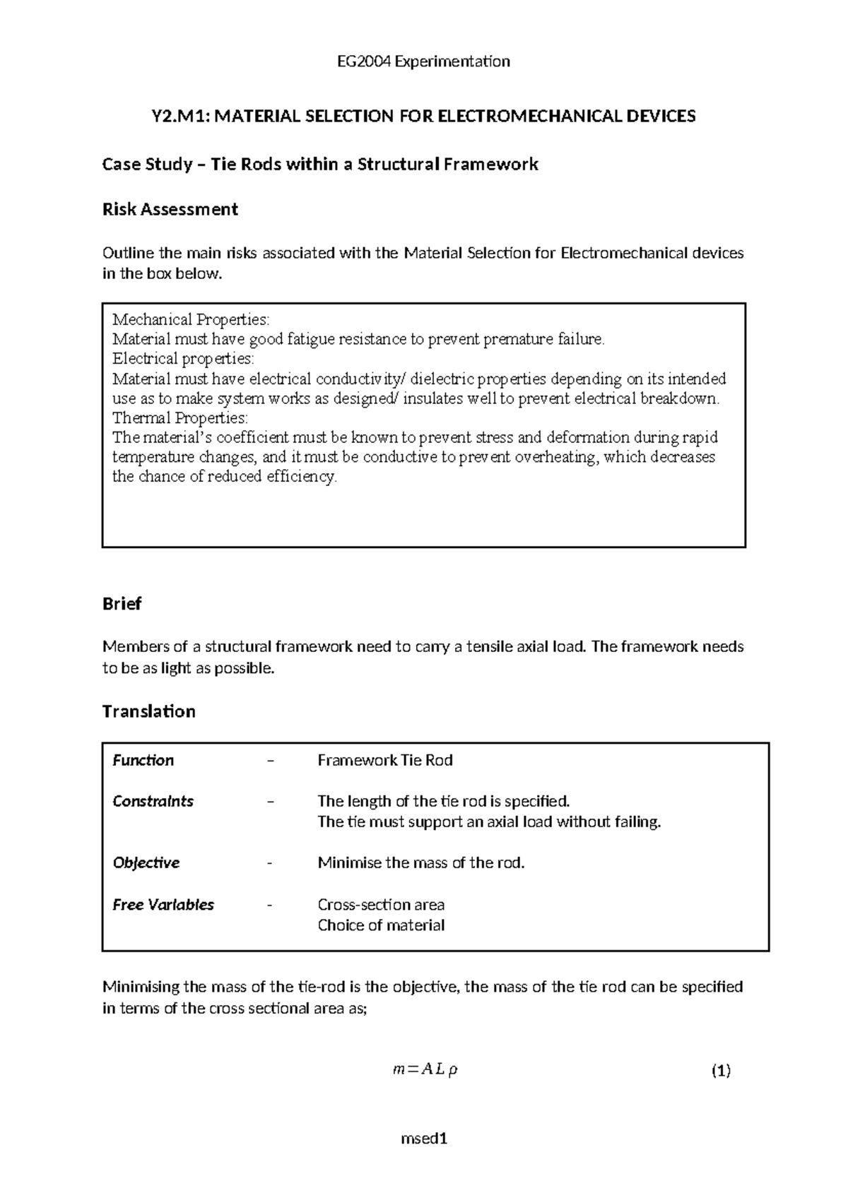 2H1 Material Selection - Y2: MATERIAL SELECTION FOR ELECTROMECHANICAL ...