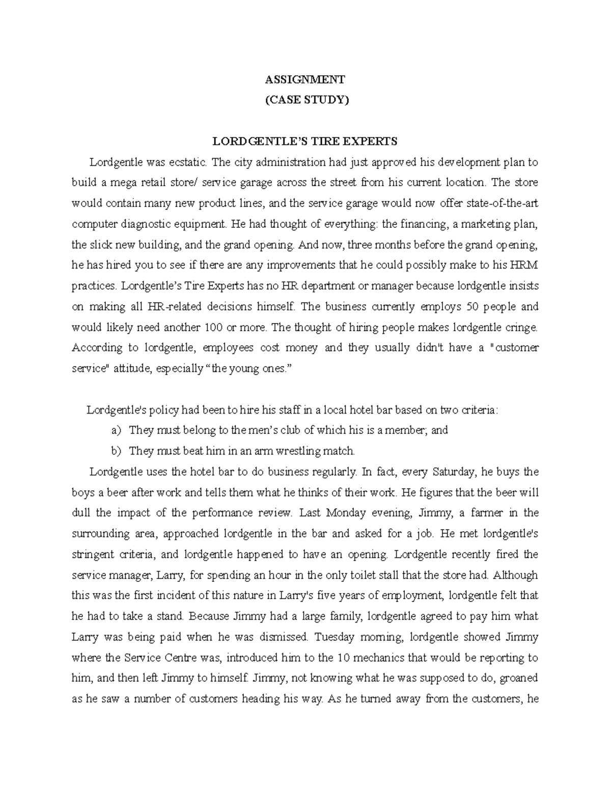 Lordgentle Tire Expert - ASSIGNMENT (CASE STUDY) LORDGENTLE’S TIRE ...