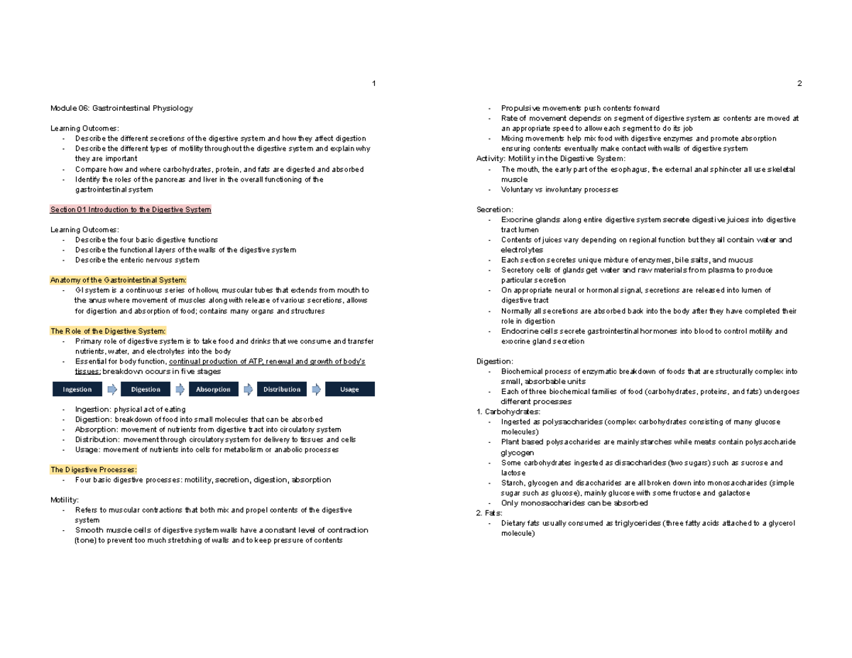 PHGY 216 Module 6 Notes - Module 06: Gastrointestinal Physiology ...