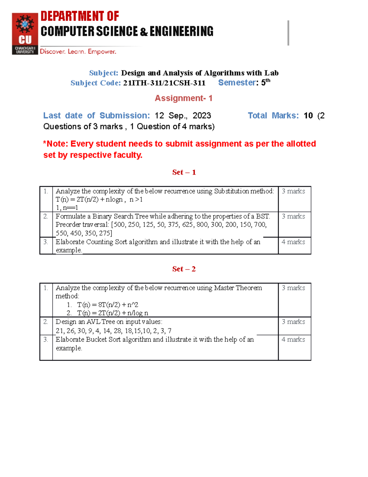 DAA Assignment-1 - DEPARTMENT OF COMPUTER SCIENCE & ENGINEERING Subject ...