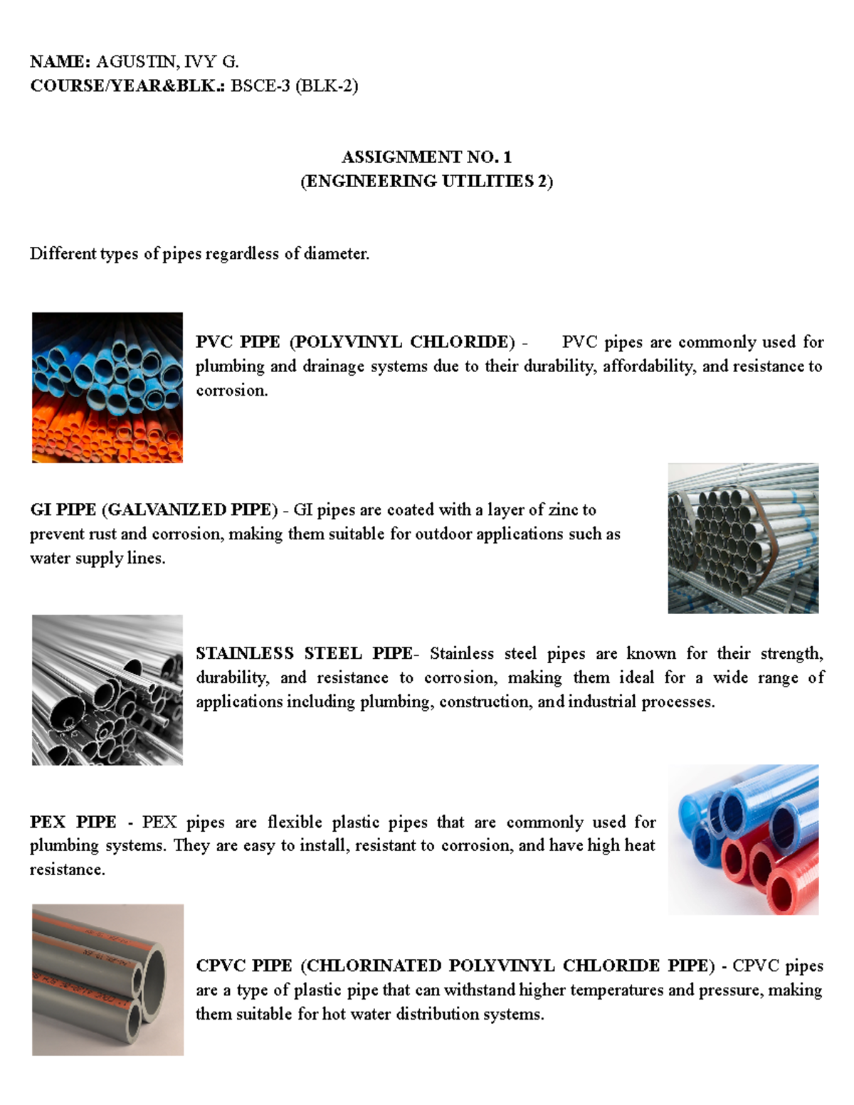 Utility - Different types of pipes. - NAME: AGUSTIN, IVY G. COURSE/YEAR ...