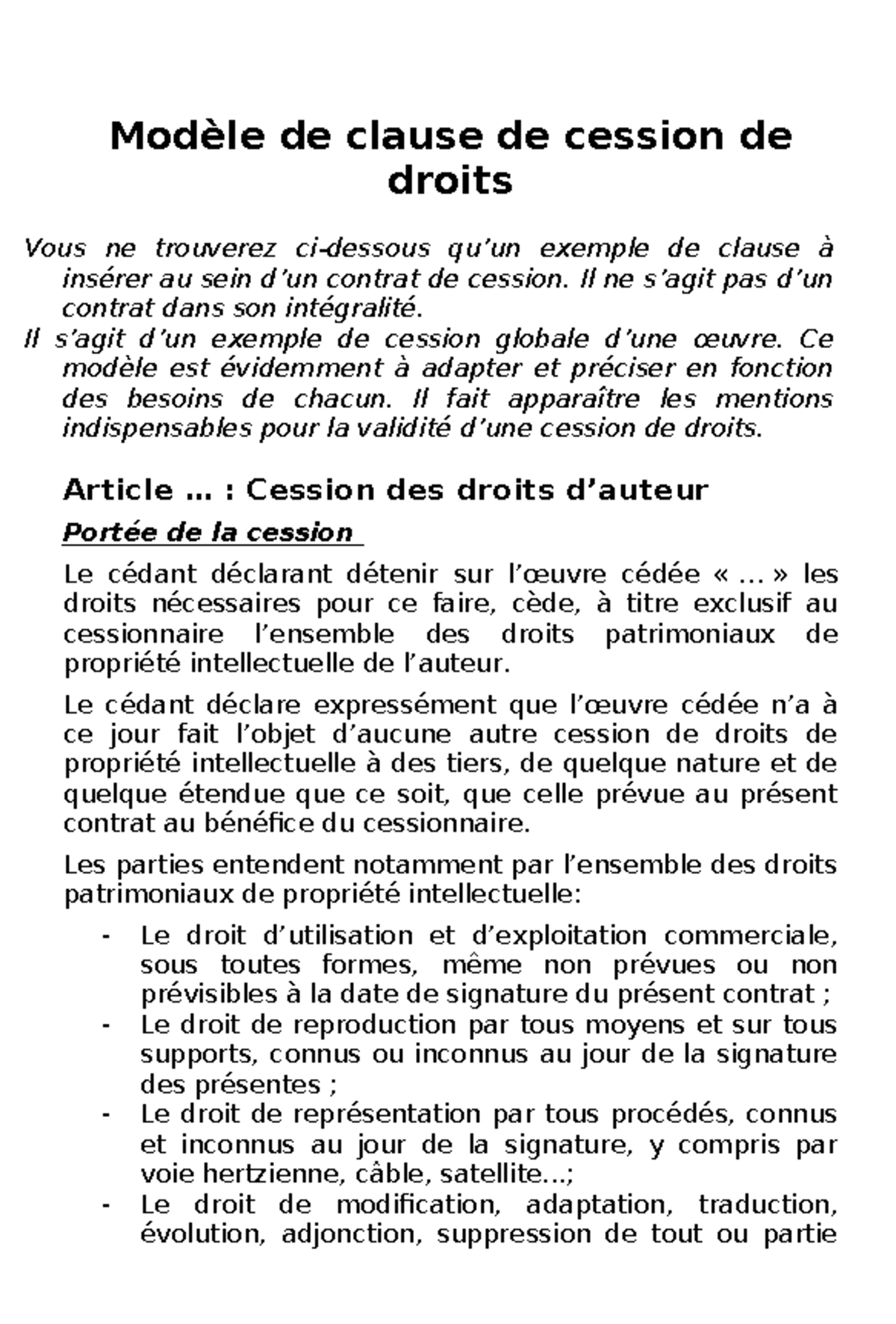App fr clauses cession droits - Modèle de clause de cession de droits ...