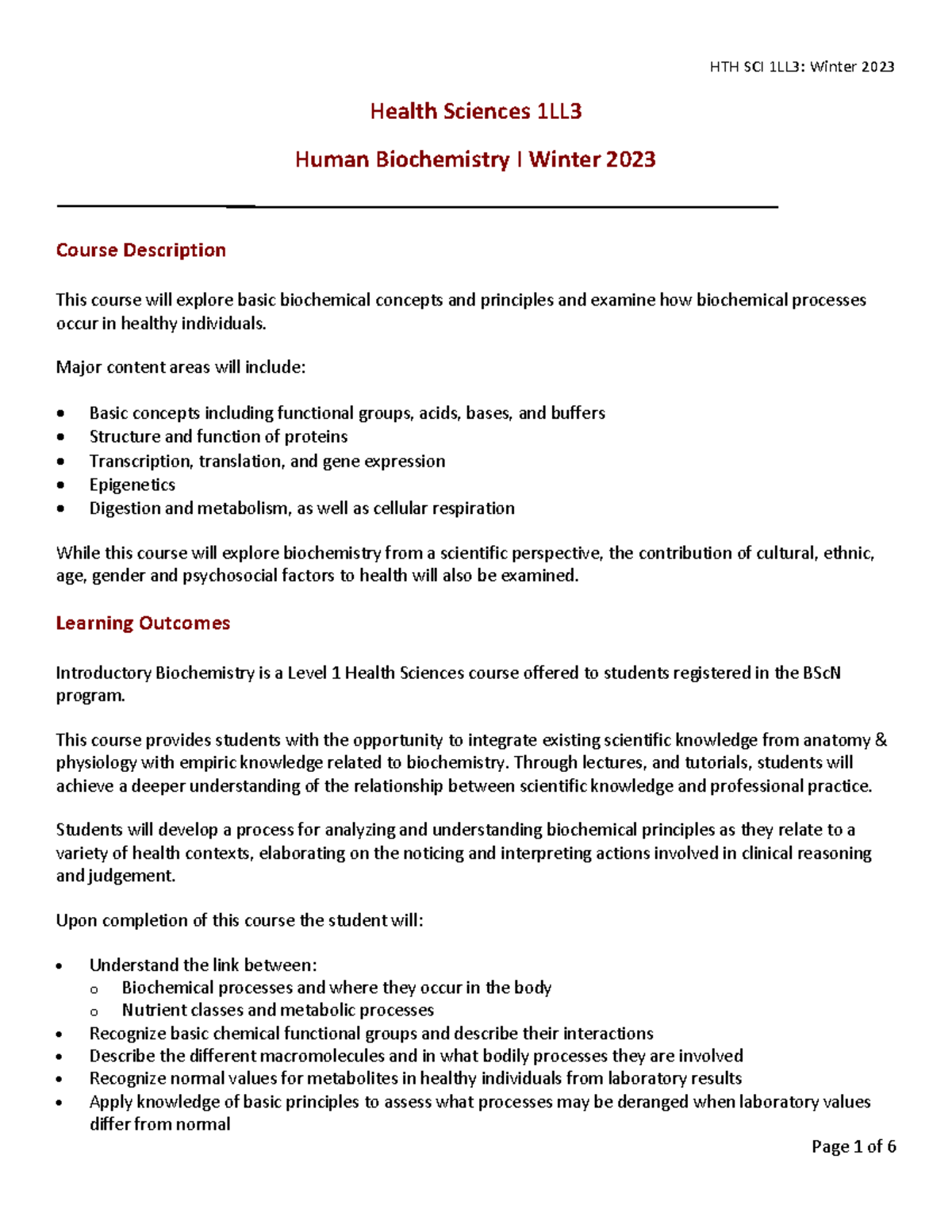 Hthsci 1LL3 - Course Outline - 2023 - Health Sciences 1LL Human ...