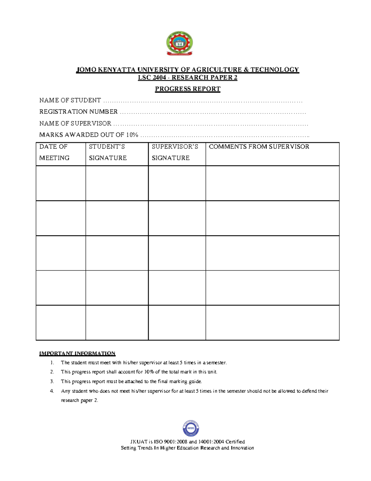 LSC 2404 - Progress Report Research Paper 2 - JKUAT is ISO 9001:2008 ...