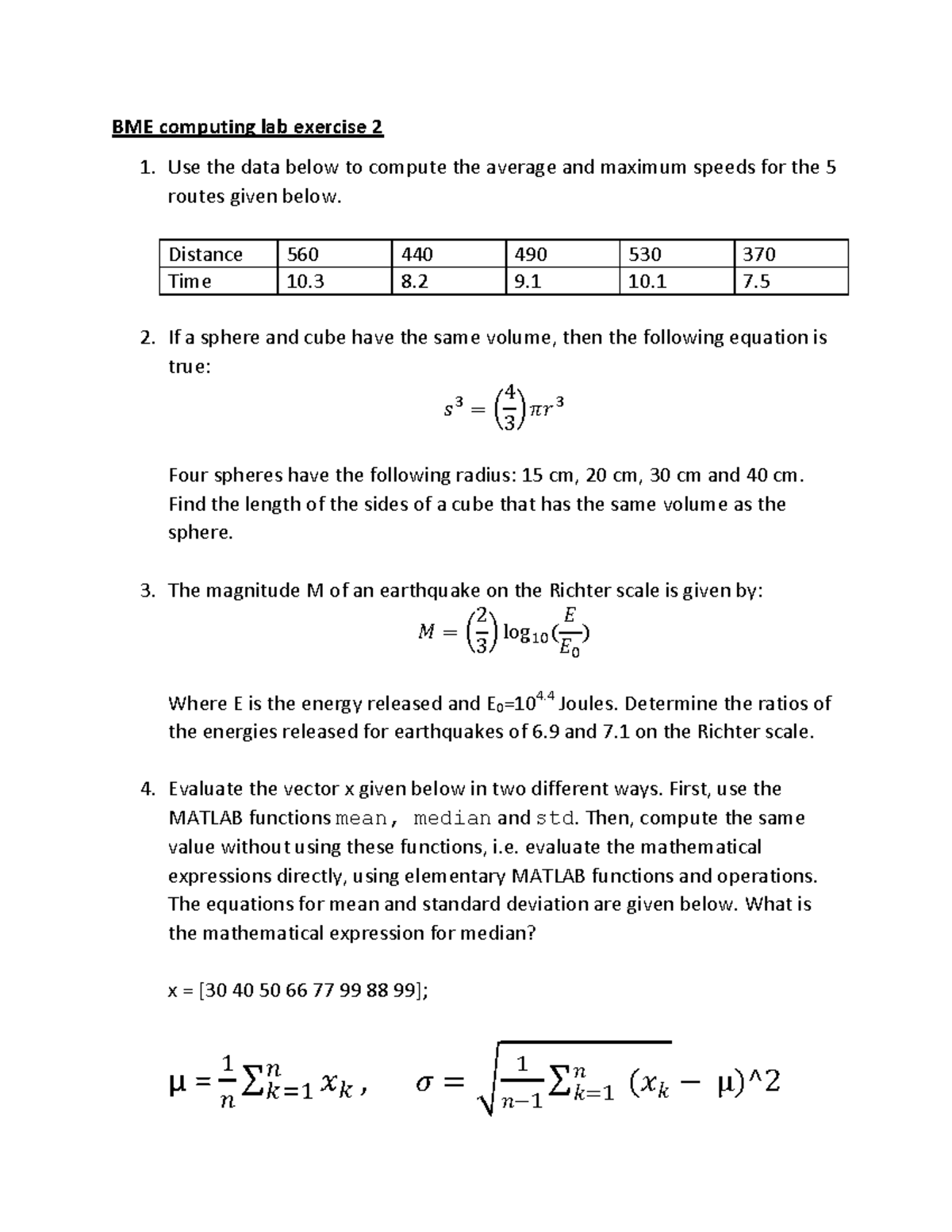 Bme Computing Lab Exercise 2 Use The Data Below To Compute The