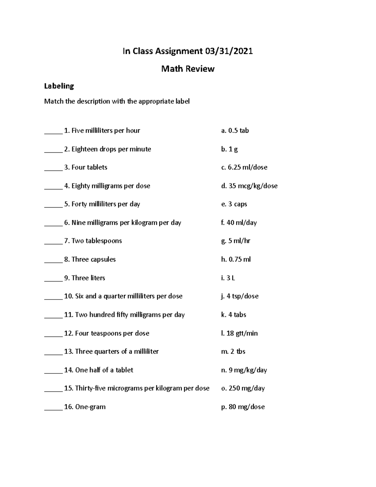 In Class Math Review-Student Copy - In Class Assignment 03/31/ Math ...