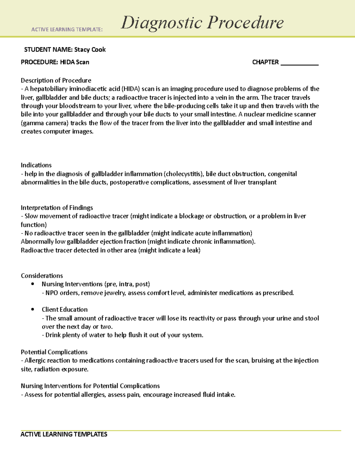 ATI Diagnostic Procedure - HIDA Scan - STUDENT NAME: Stacy Cook ...