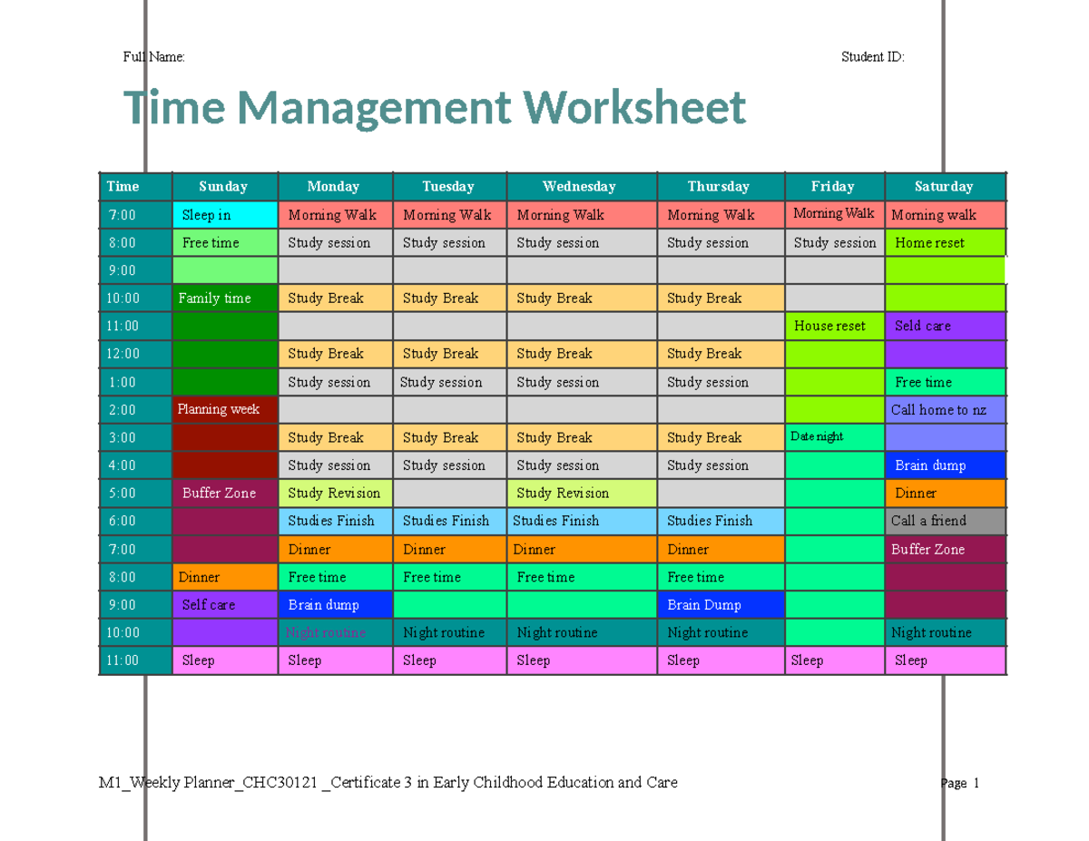 Weekly Planner Template - Full Name: Student ID: Time Management ...