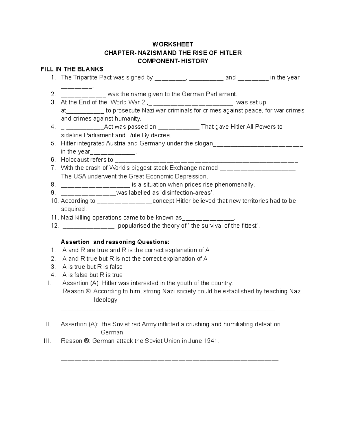 CH- Nazism & THE RISE OF Hitler Worksheet - WORKSHEET CHAPTER- NAZISM ...