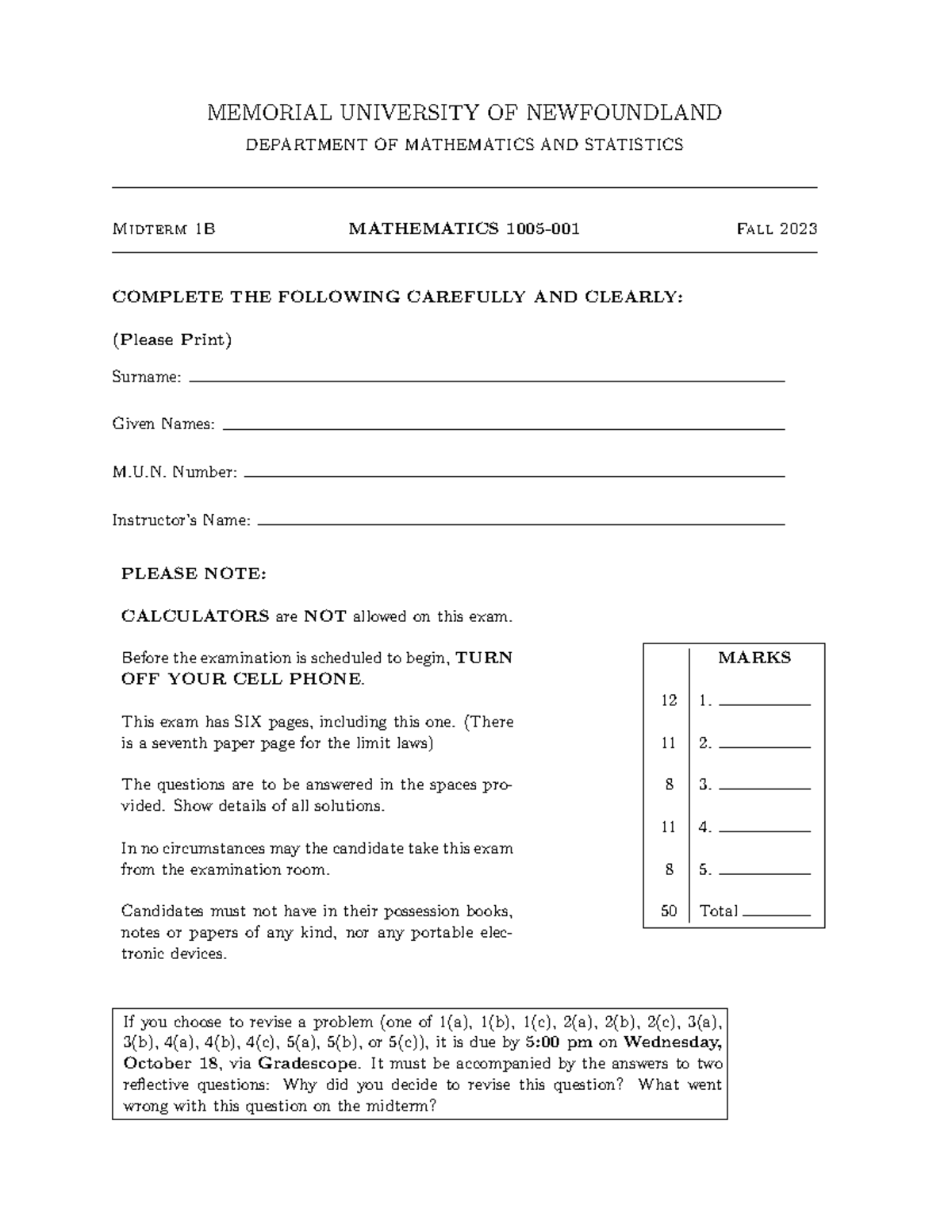 M1 1005 B - practice - MEMORIAL UNIVERSITY OF NEWFOUNDLAND DEPARTMENT ...